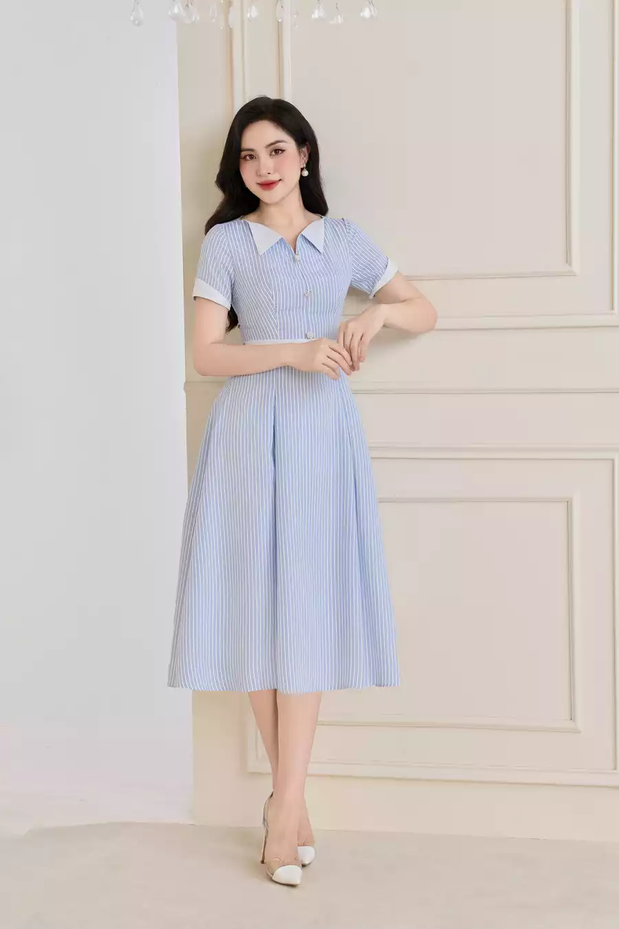 Đầm xoè kẻ xanh phối cổ bẻ trắng | Thương hiệu thời trang công sở cho ...
