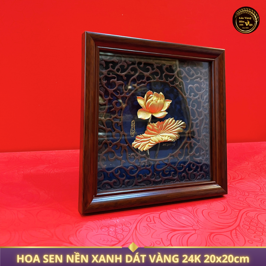 HOA SEN NỀN XANH DÁT VÀNG 24K 20x20cm - Lúa Vàng Hồn Việt