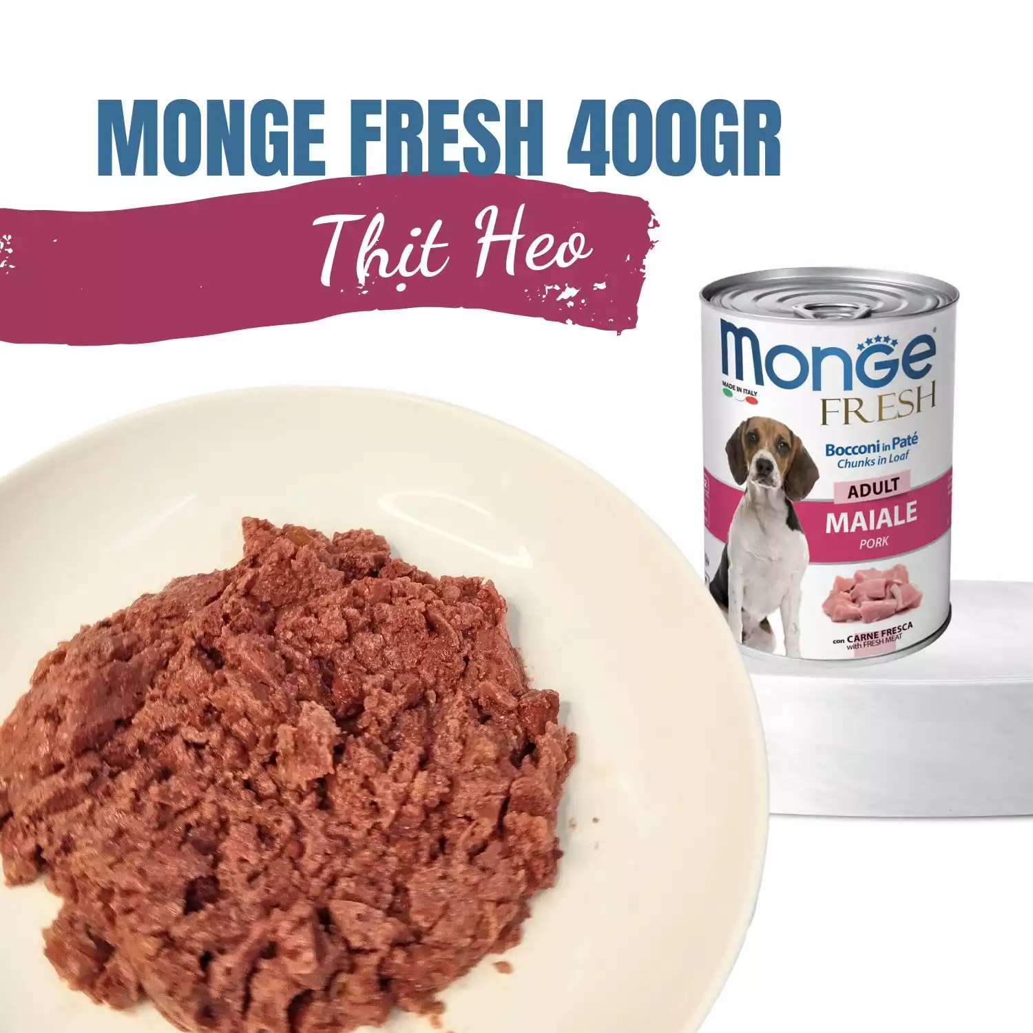 Pate MONGE Fresh cho chó 400gr (Hương vị thịt Heo) | Pet Family