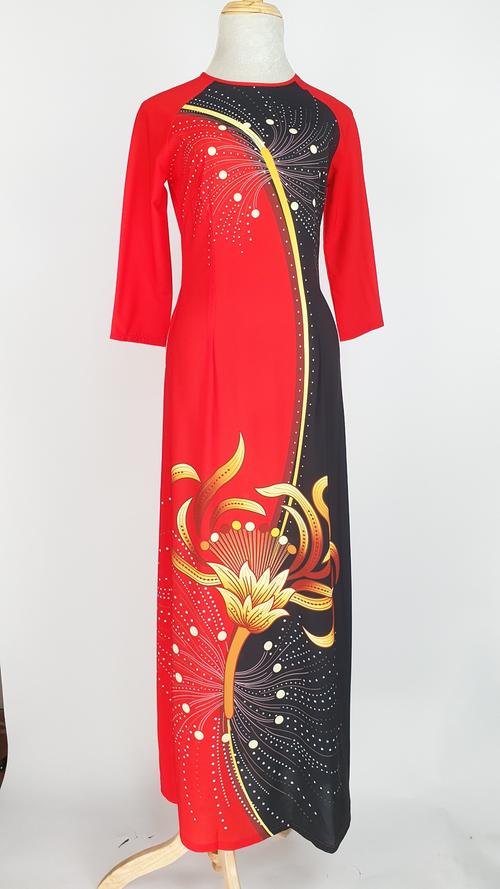 A1907 áo dài lụa nhật tròn lỡ nền đỏ pha đen tia chấm bi vàng ...