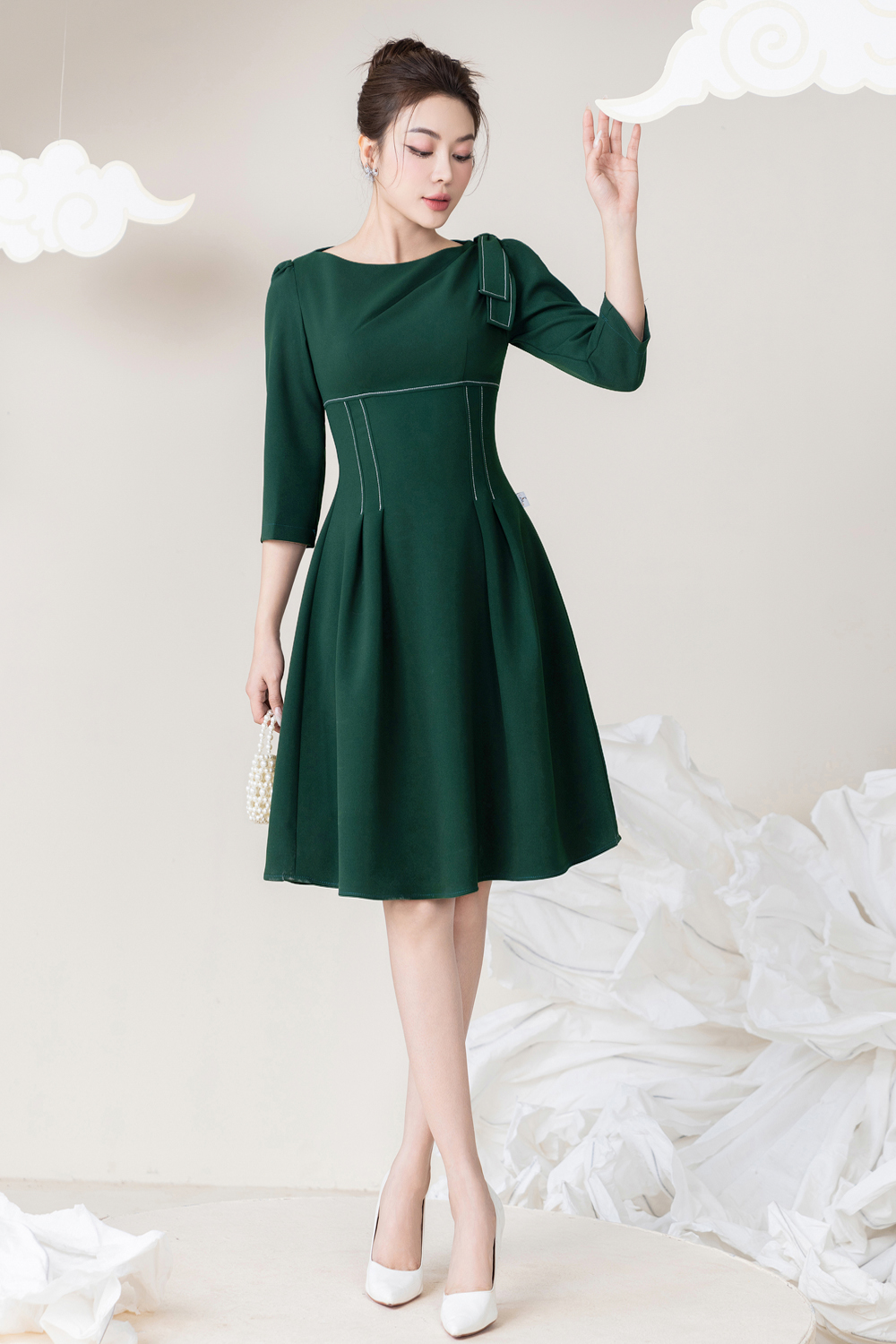 Đầm xoè xanh cổ thuyền phối nơ vai | Thương hiệu thời trang công sở cho ...