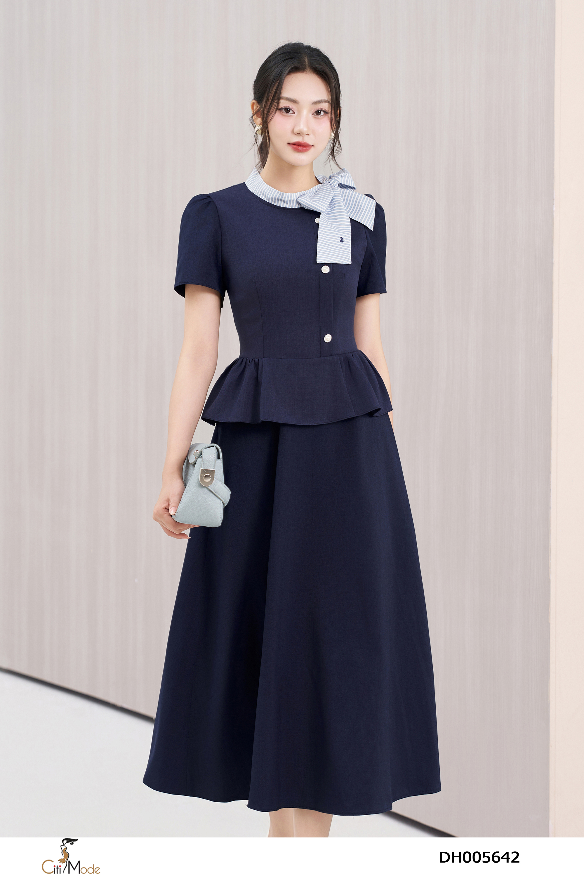 Đầm xòe peplum tím than cổ phối kẻ nơ | Thương hiệu thời trang công sở ...