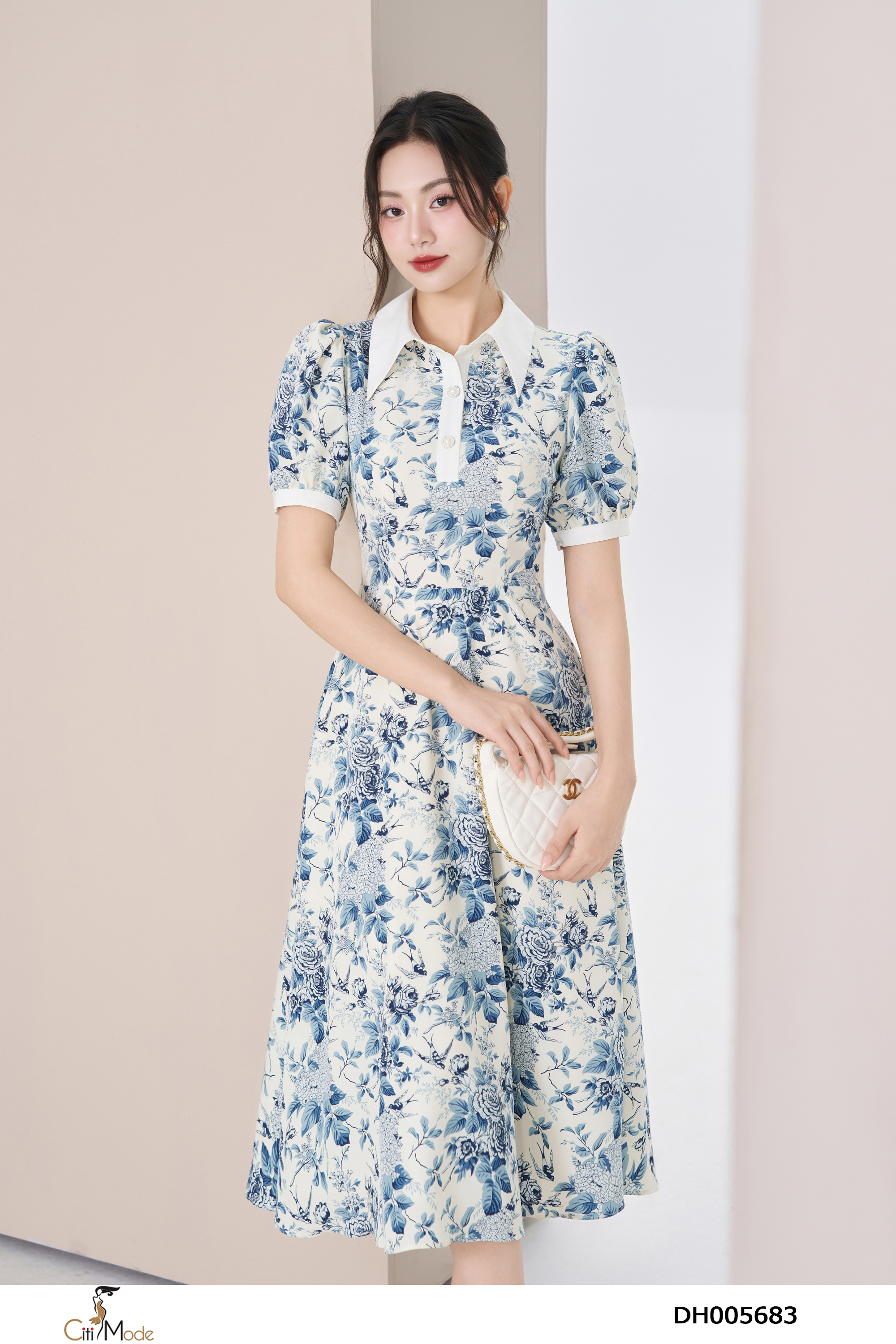 Đầm xòe hoa xanh 3d cổ đức trắng nẹp cúc | Thương hiệu thời trang công ...
