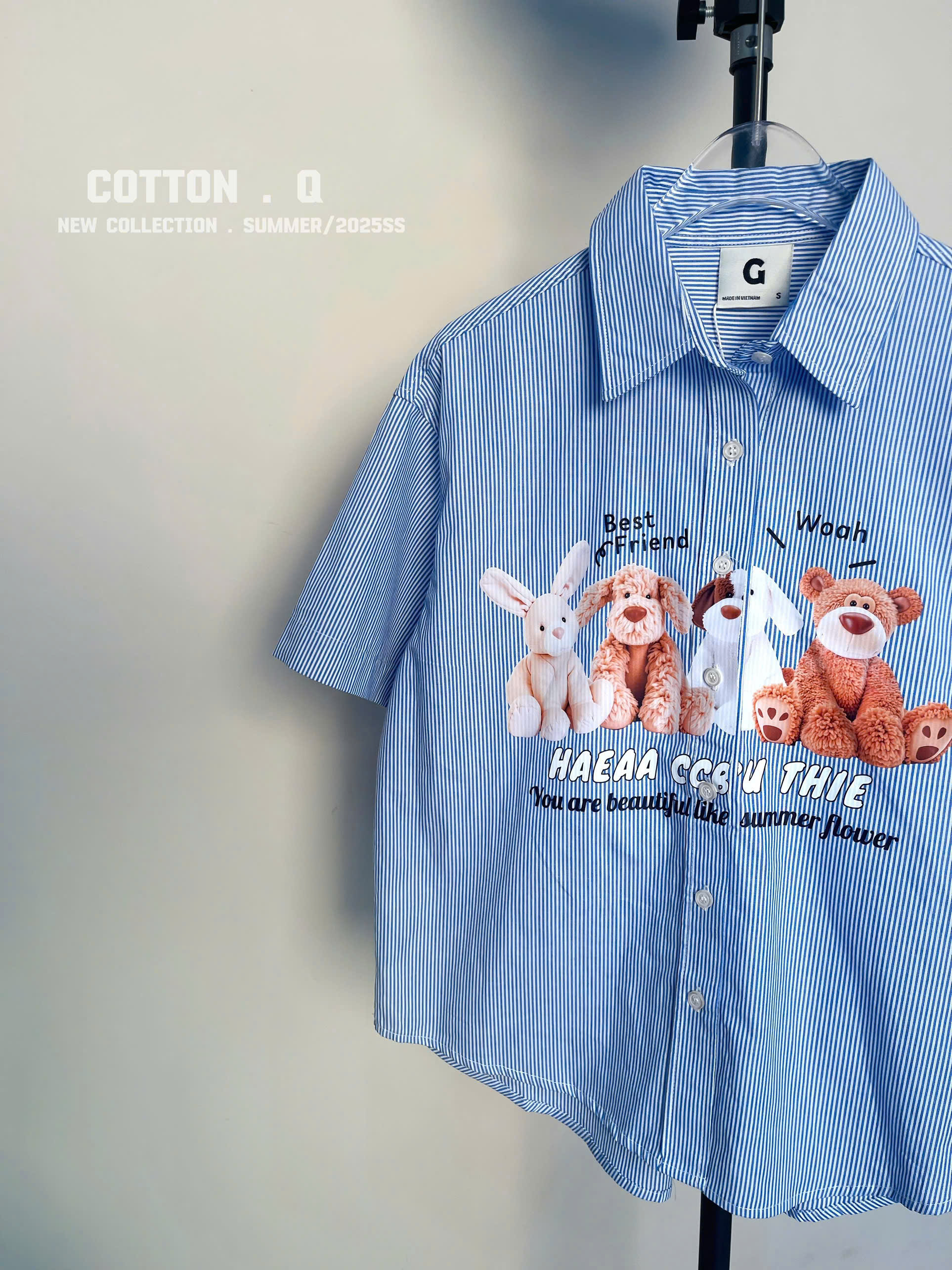 Áo somi xanh sọc in thú | QuynhGiaoNguyen